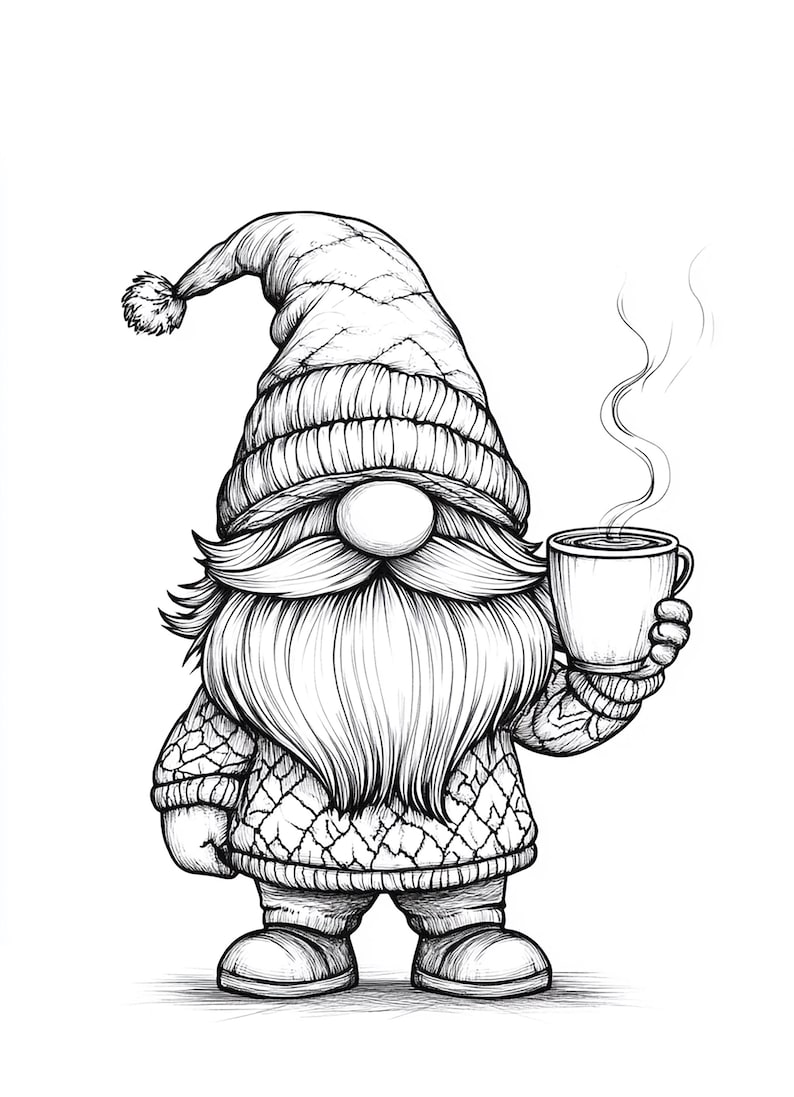 Cozy Gnome Coloring Page – Winter Gnome With Hot Drink - Etsy