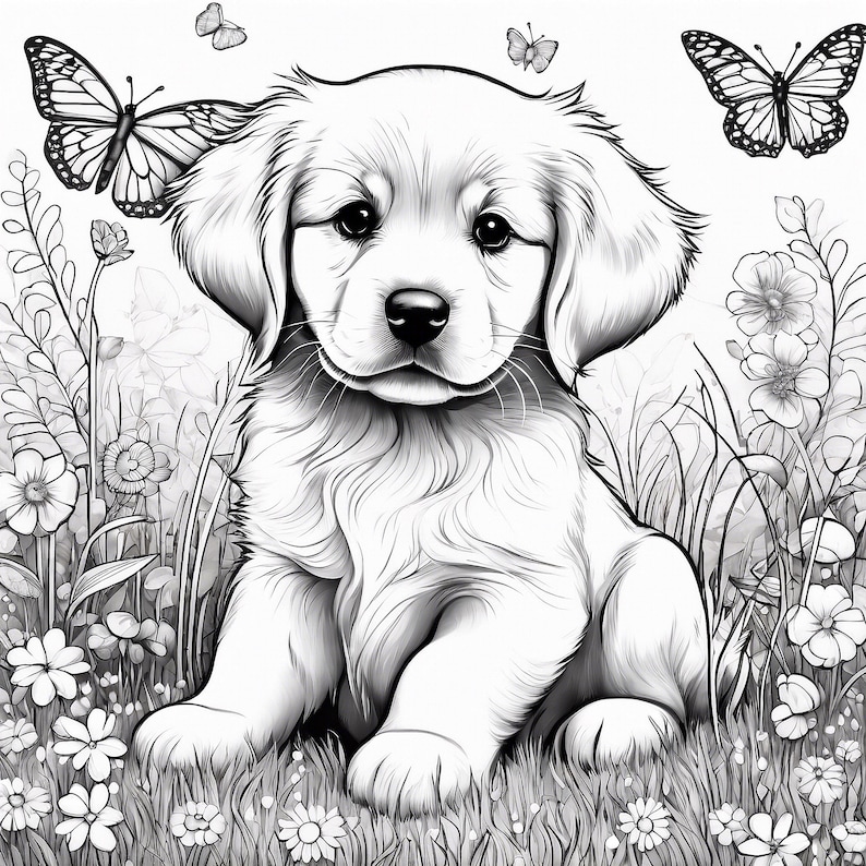 Adorable Puppy Coloring Page With Flowers & Butterflies – Printable ...