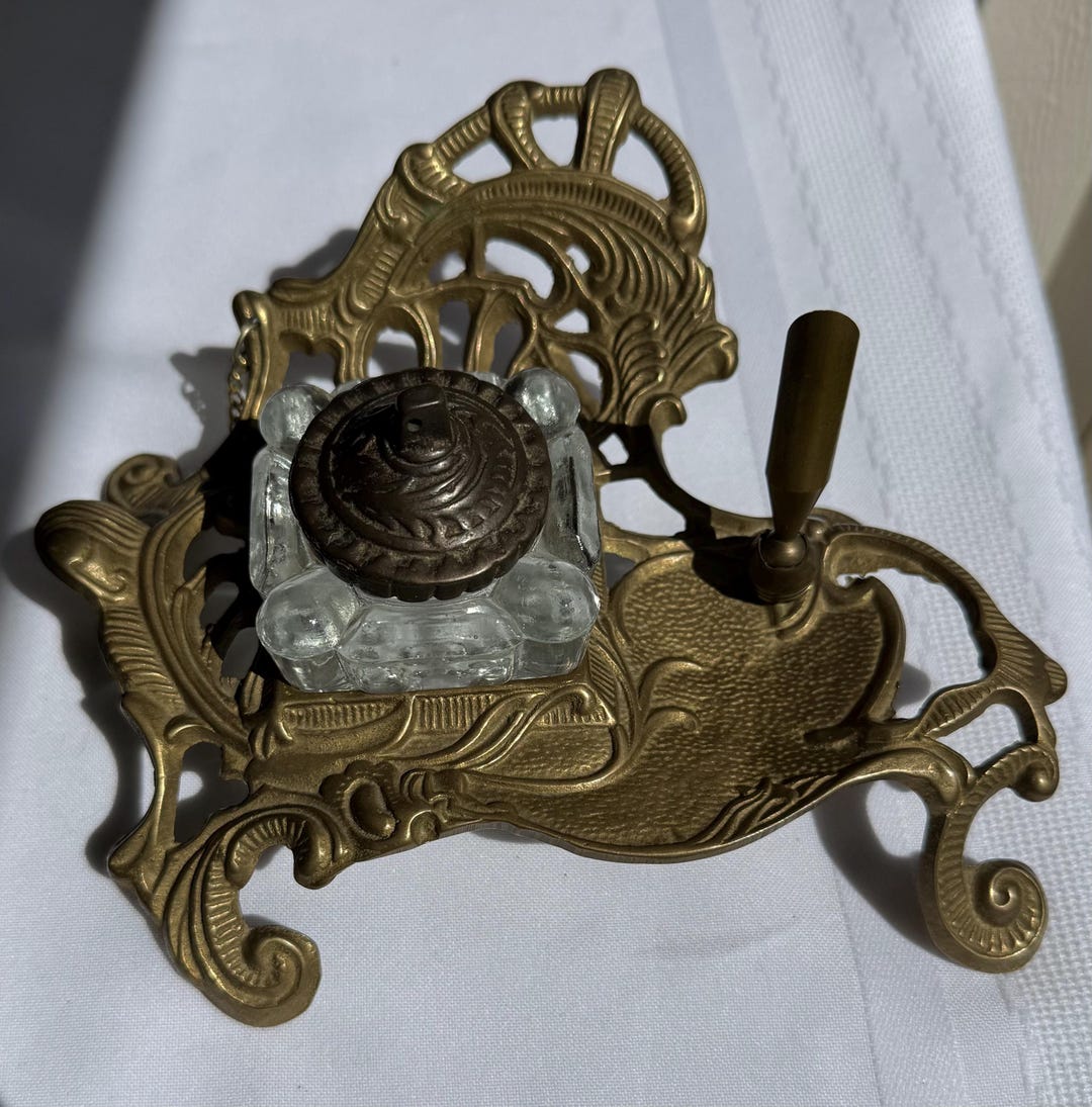 Antique Victorian Baroque Style Brass & Glass Inkwell Penholder With ...