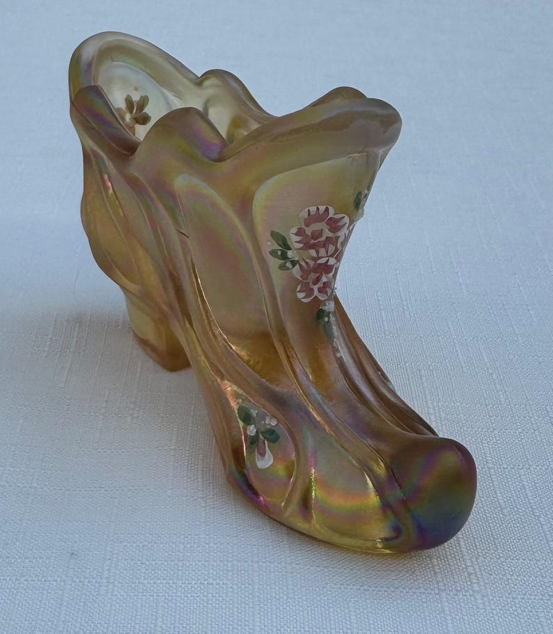 Fenton Victorian Slipper/shoe Marigold Iridescent Glass Hand Painted ...