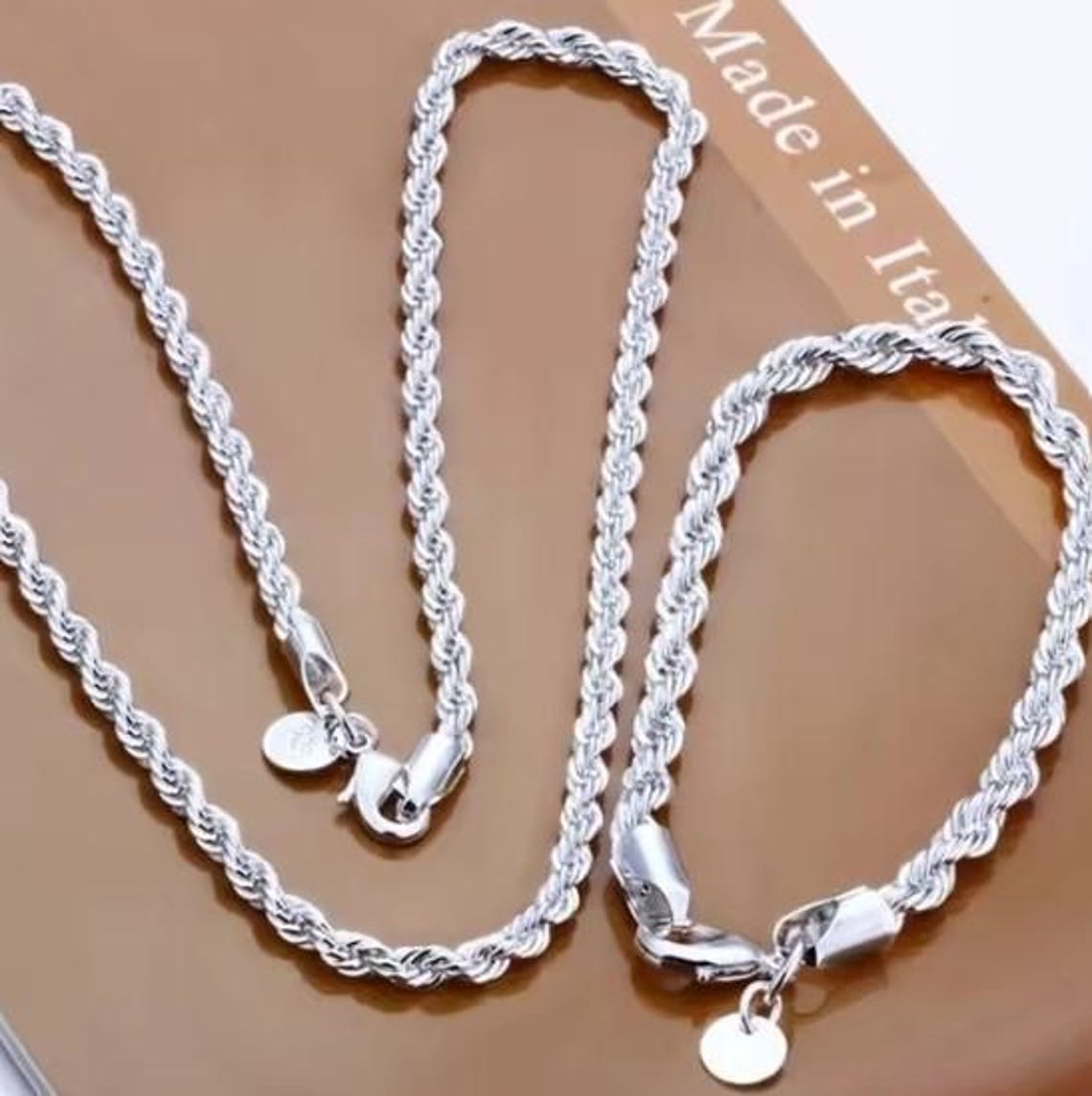 Sterling Silver Twisted Rope Chain Necklace & Bracelet Set - Etsy
