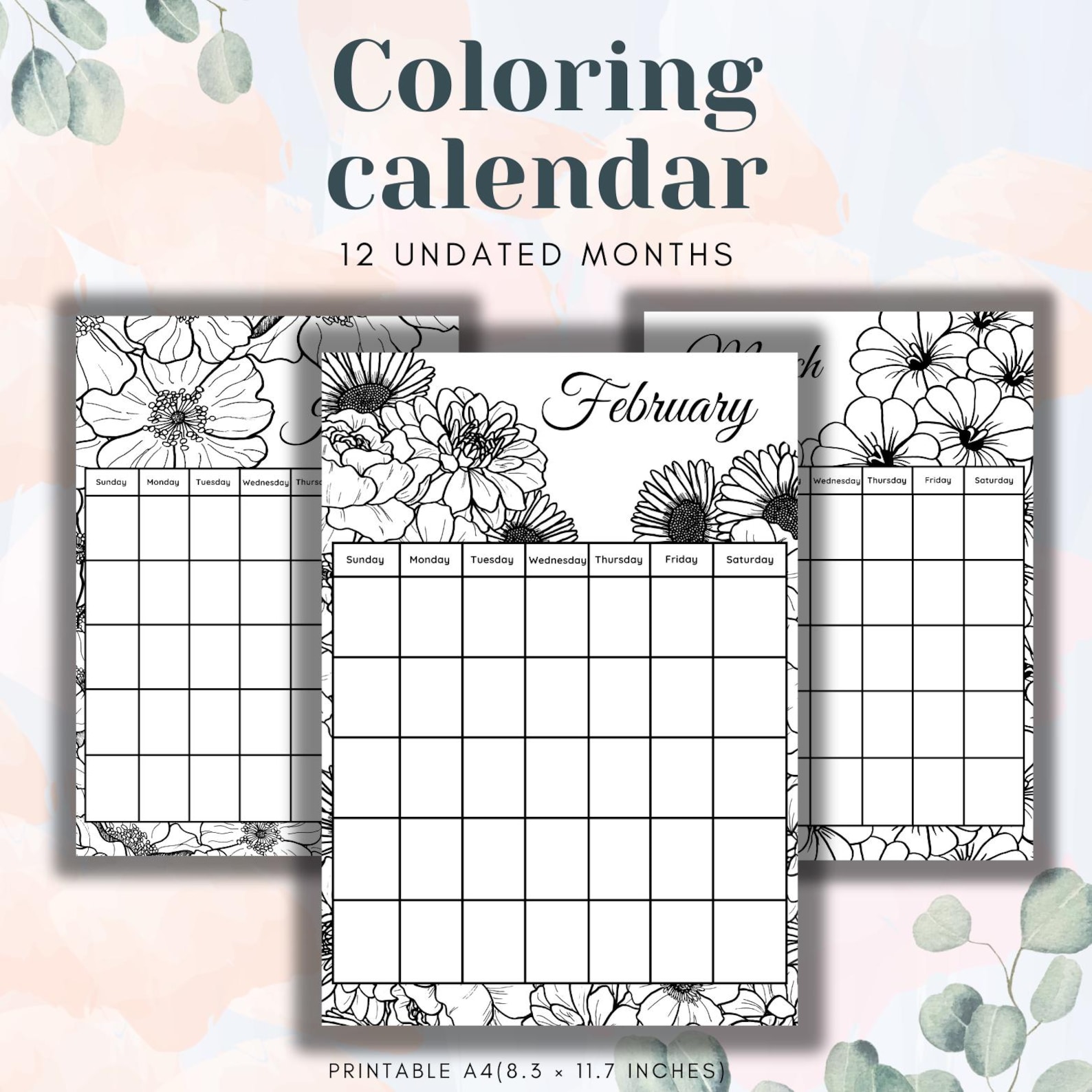 Printable Coloring Undated Calendar. Undated Coloring Calendar. Monthly ...