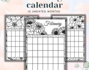 Floral Monthly Coloring Calendar - Undated, Printable - Etsy