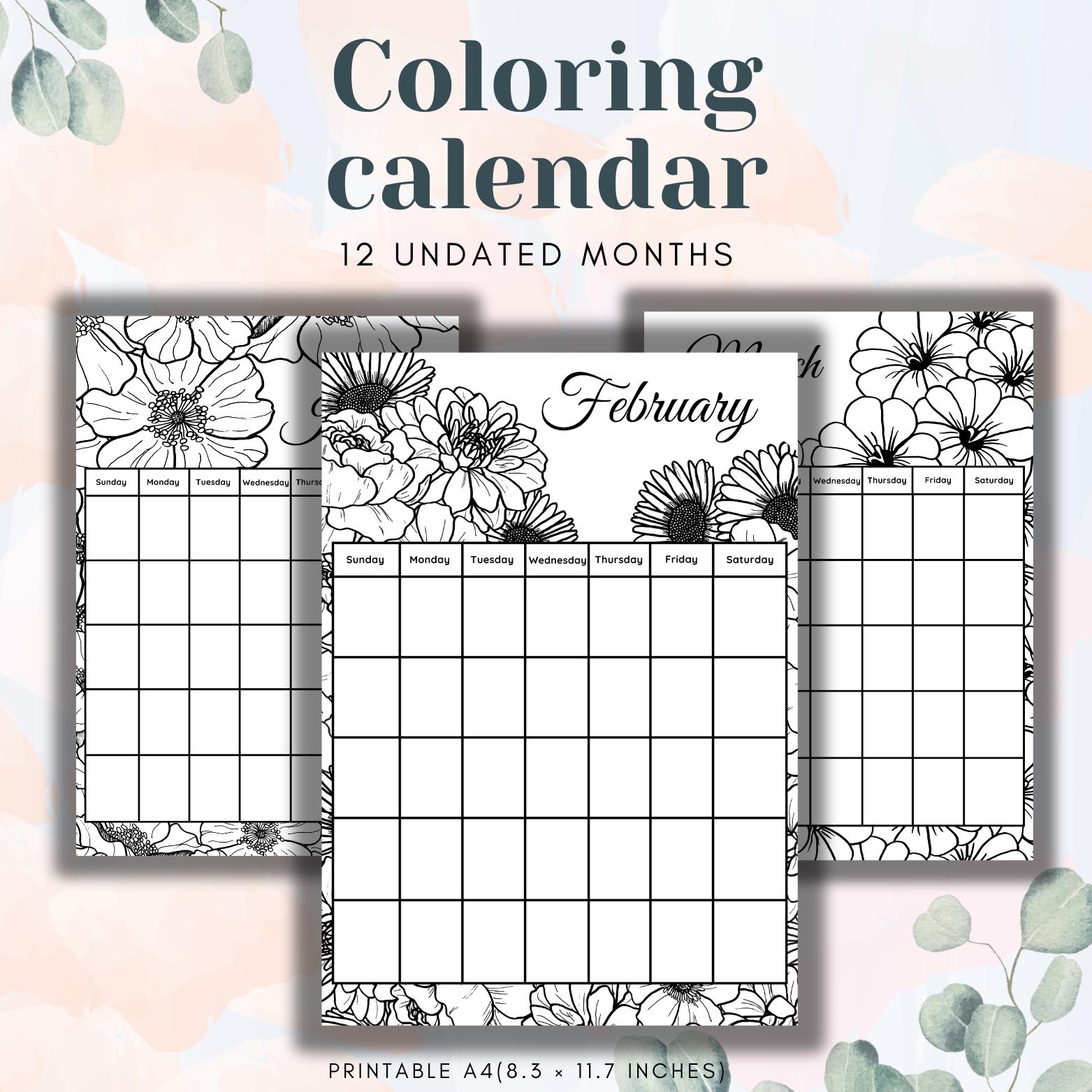 Printable Coloring Undated Calendar. Undated Coloring Calendar. Monthly ...