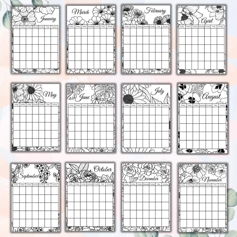 Printable Coloring Undated Calendar. Undated Coloring Calendar. Monthly ...