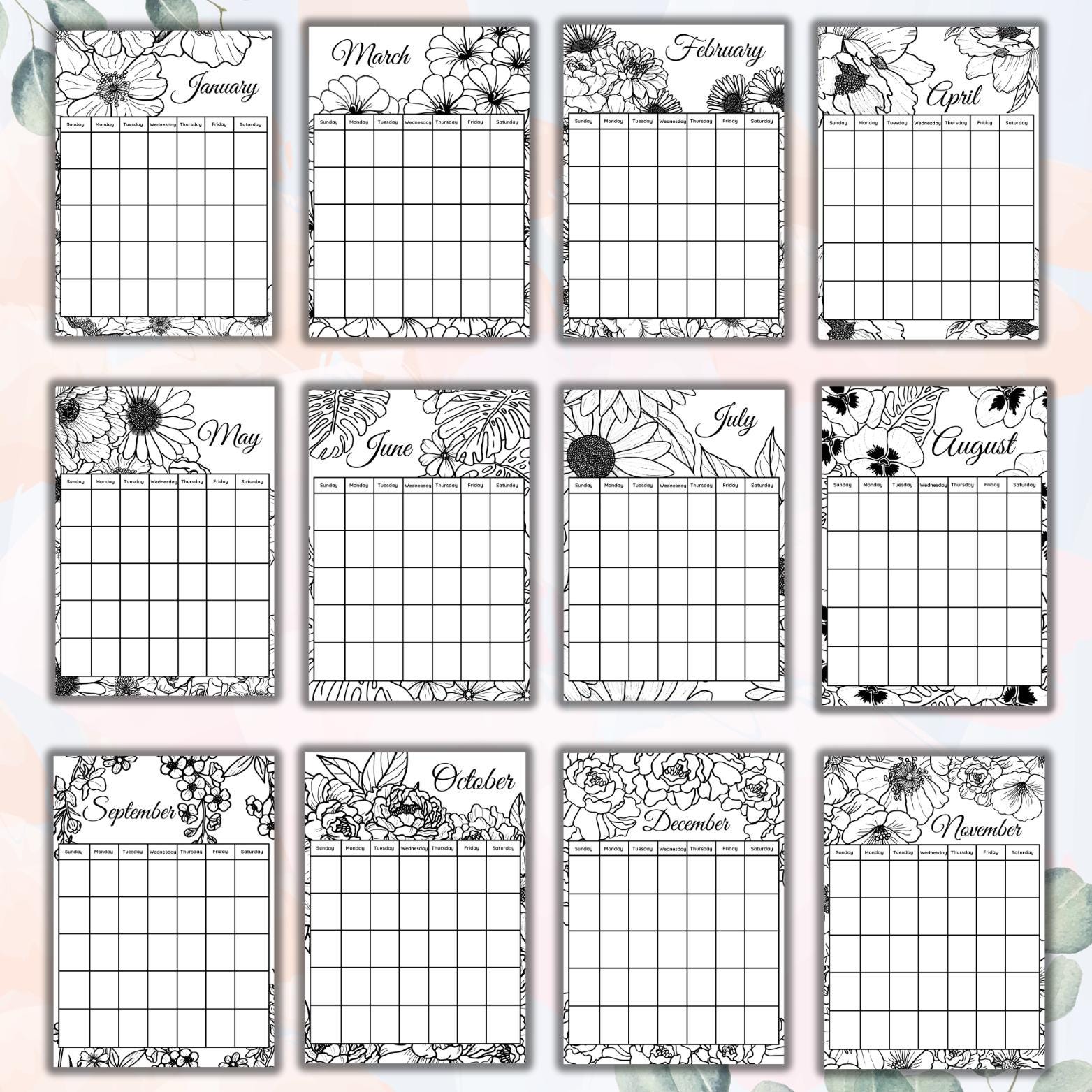 Printable Coloring Undated Calendar. Undated Coloring Calendar. Monthly ...