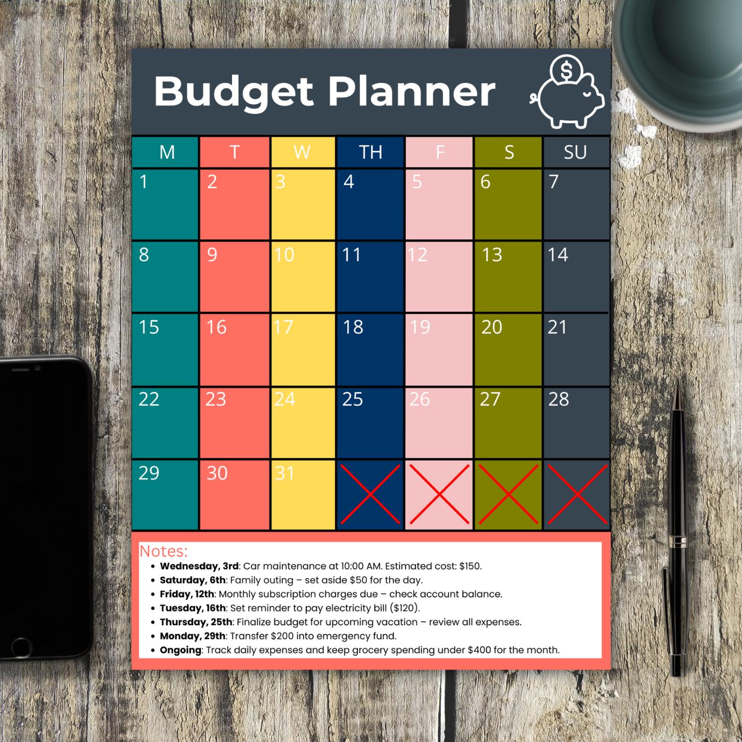 Monthly Budget Planner Printable Financial Calendar Organizer Track ...
