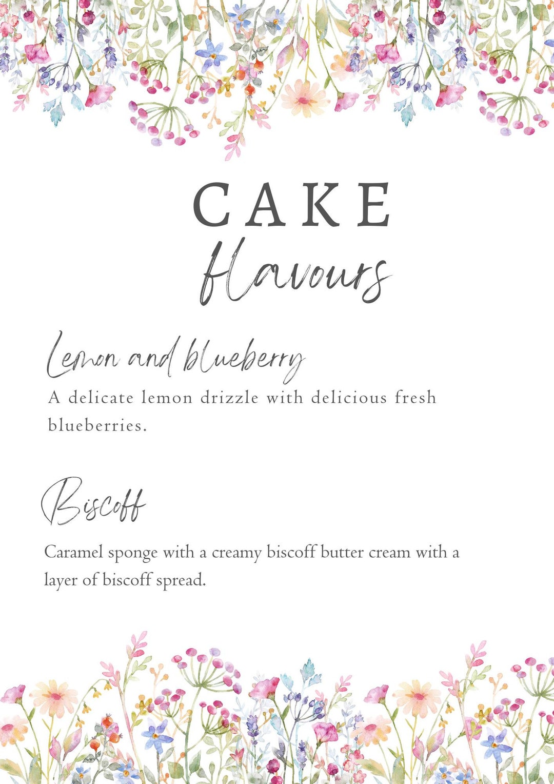 EDITABLE Wedding Cake Menu Template Floral Cake Flavours Classic Table ...