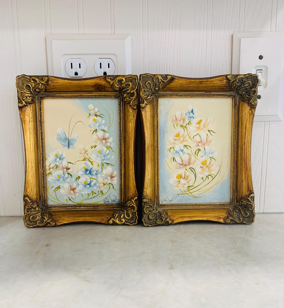 Vintage Betty Jane Posey Pink & Blue Floral Oil Paintings in Gold Ornate Picture Frames - Set of ...