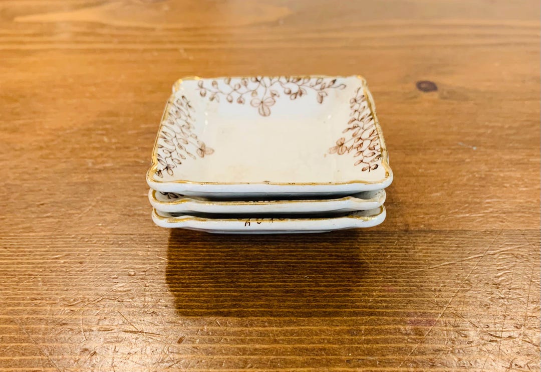 Vintage Square Butter Pats With Brown Floral Design and Gold Rims - Set ...