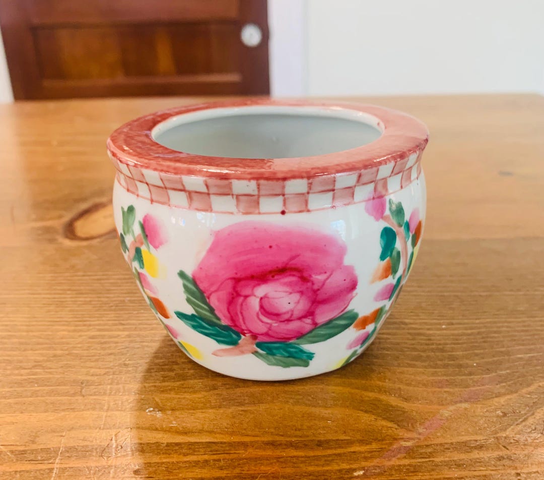 Vintage Floral and Red Checker Print Hand Painted Small Planter - Etsy