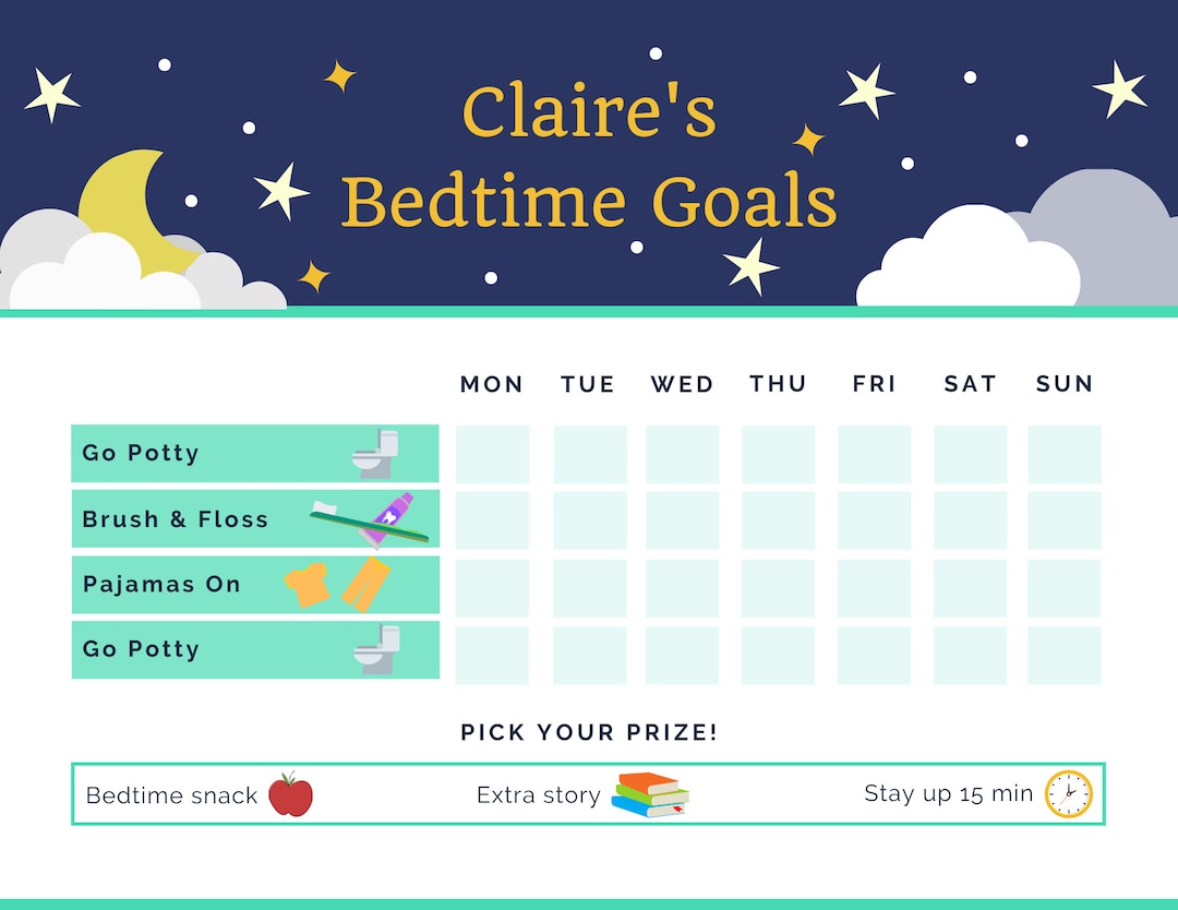 Personalized Bedtime Goals Chart for Kids, Customizable Chart ...