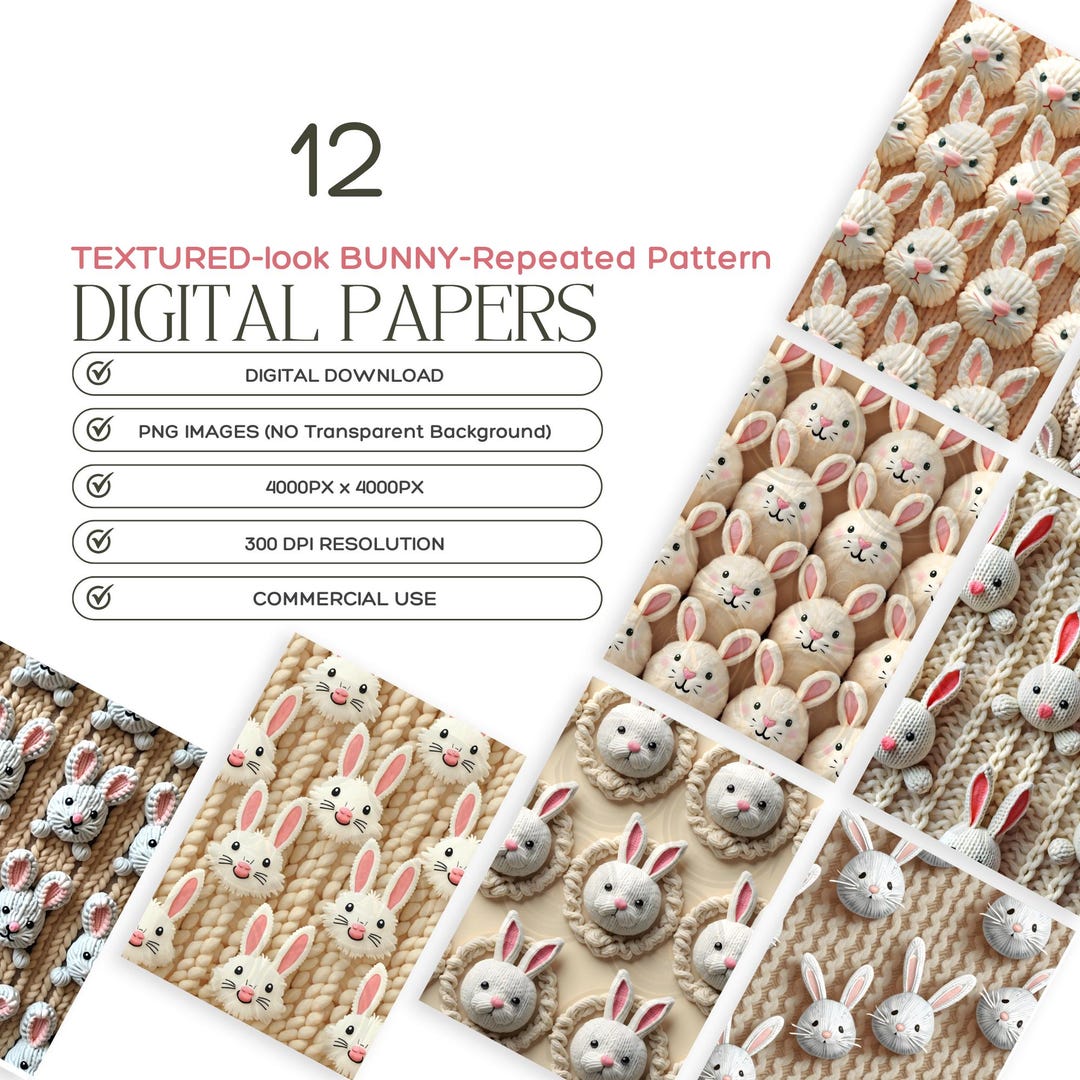 12 Textured-look Bunny Repeated Pattern DIGITAL PAPERS - Solid ...