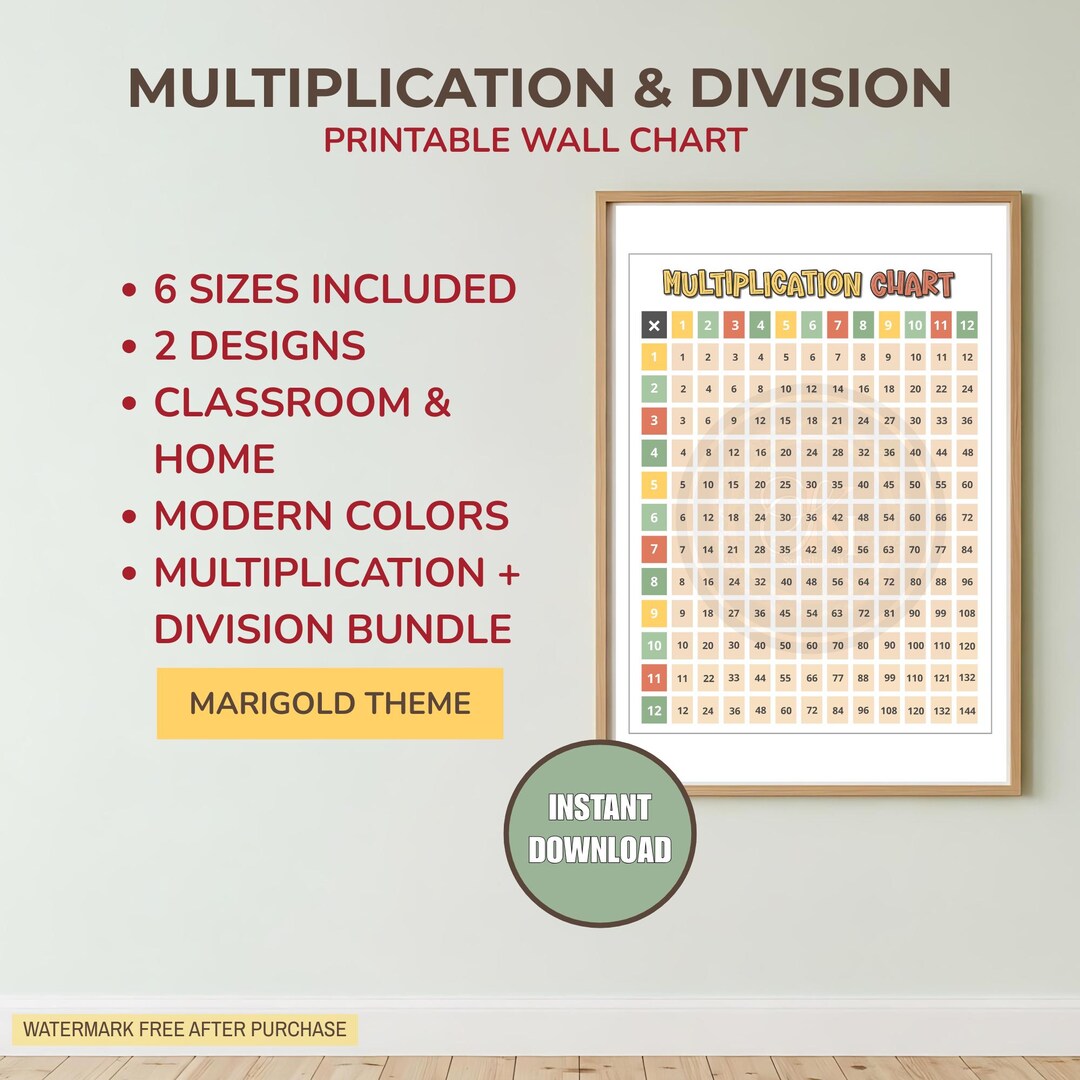 Multiplication + Division CHART BUNDLE (marigold/yellow) – 6 Sizes, 4 ...