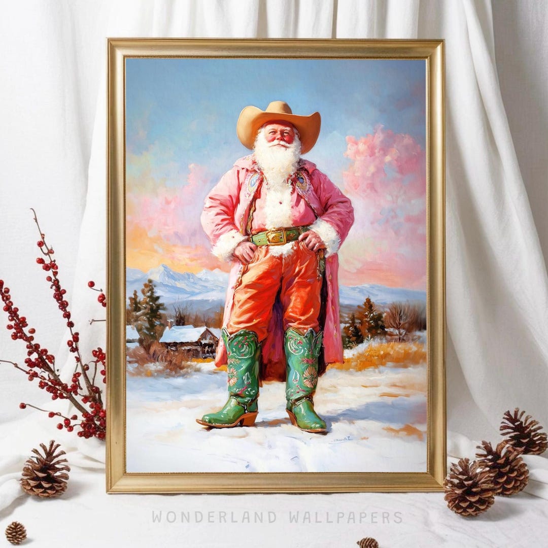 Western Cowboy Santa Art Print, Rustic Christmas Decor (digital ...