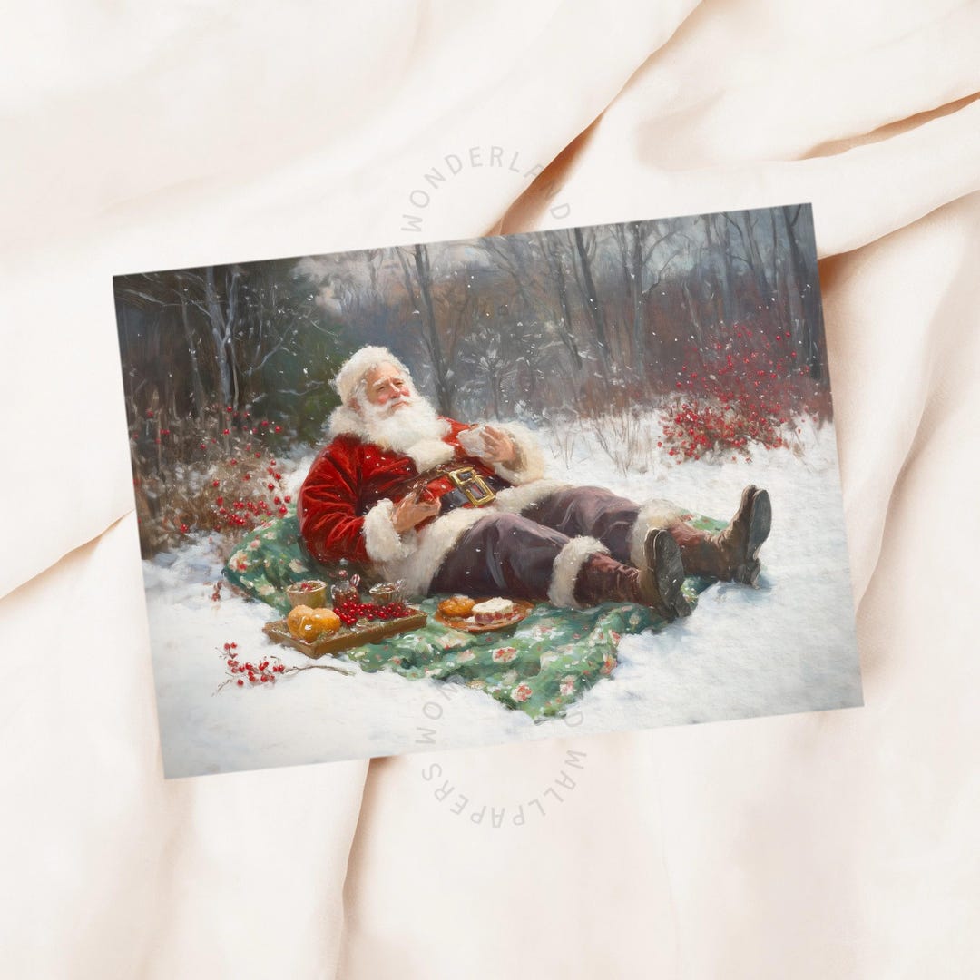 Vintage Christmas Picnic Santa PRINTABLE, Winter Christmas Wall Art ...