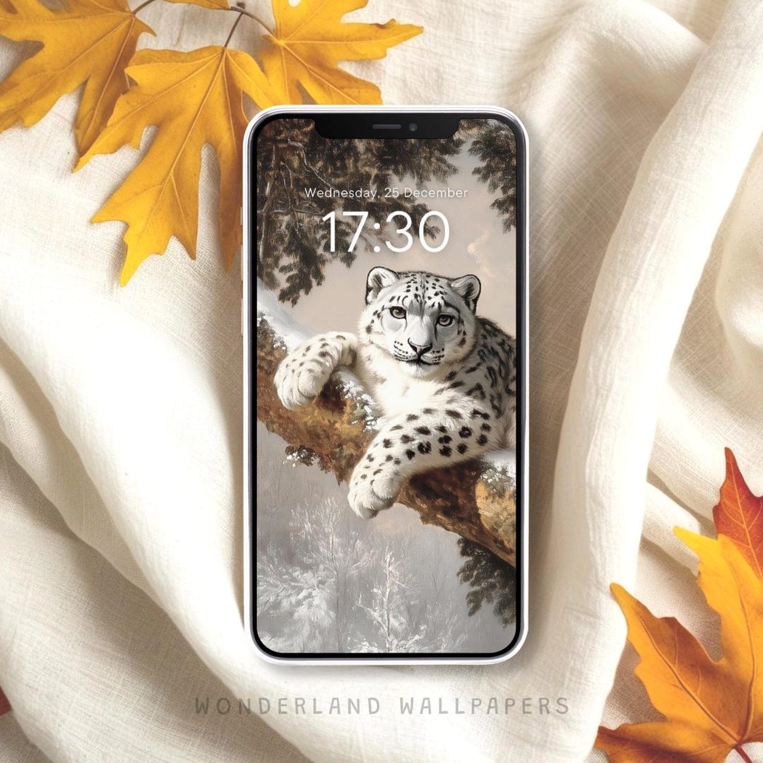 Snow Leopard Christmas Phone Wallpaper, Winter Tree Art (digital ...