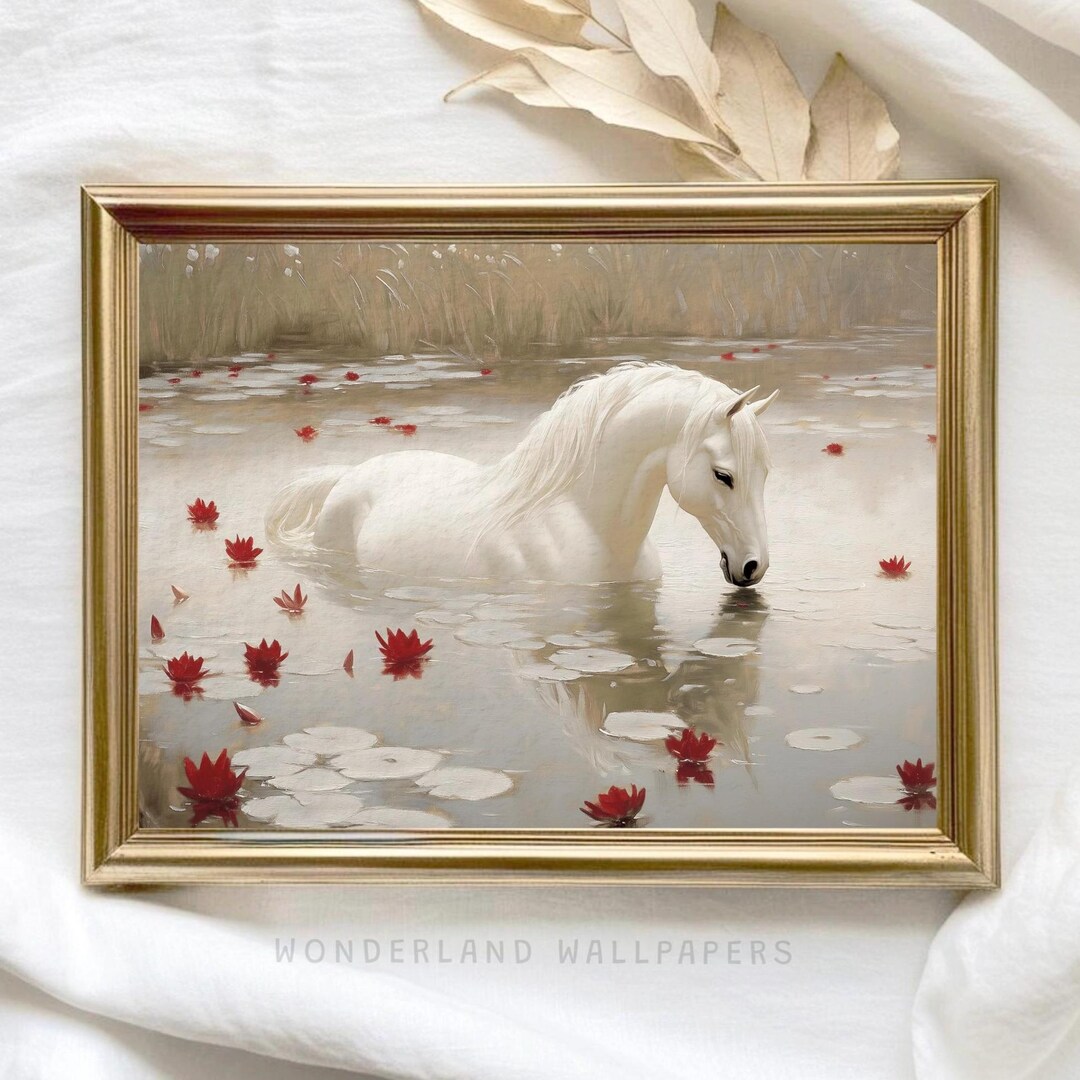 Horse in Pond Print, Mythical Creature Art, Fantasy Wall Decor, Magical ...