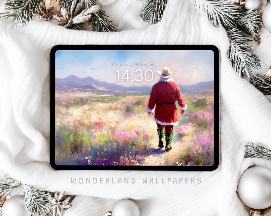 Cowboy Santa in Wildflower Landscape, Country Christmas iPad Wallpaper ...