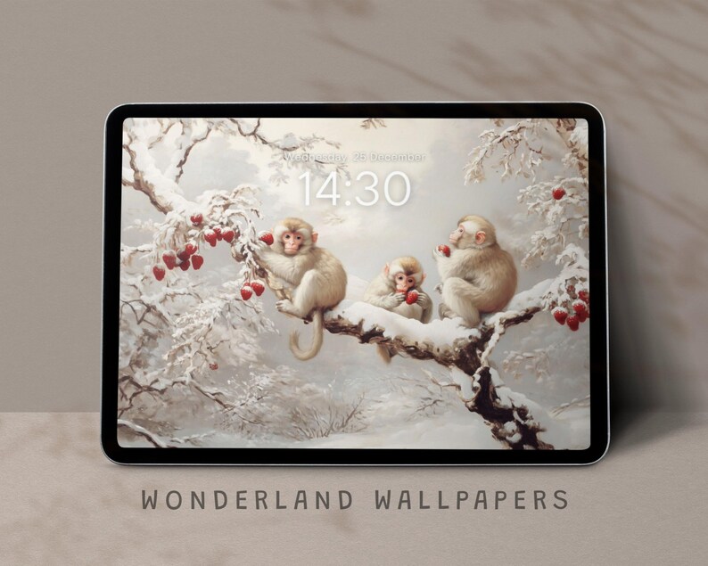 Snow Monkey Christmas iPad Wallpaper, Winter Picnic Background (digital ...