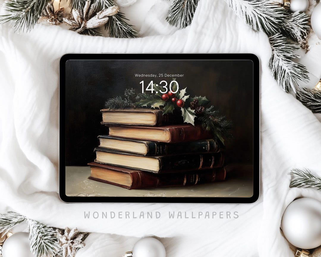 Christmas Books iPad Wallpaper, Vintage Aesthetic Lockscreen (digital ...