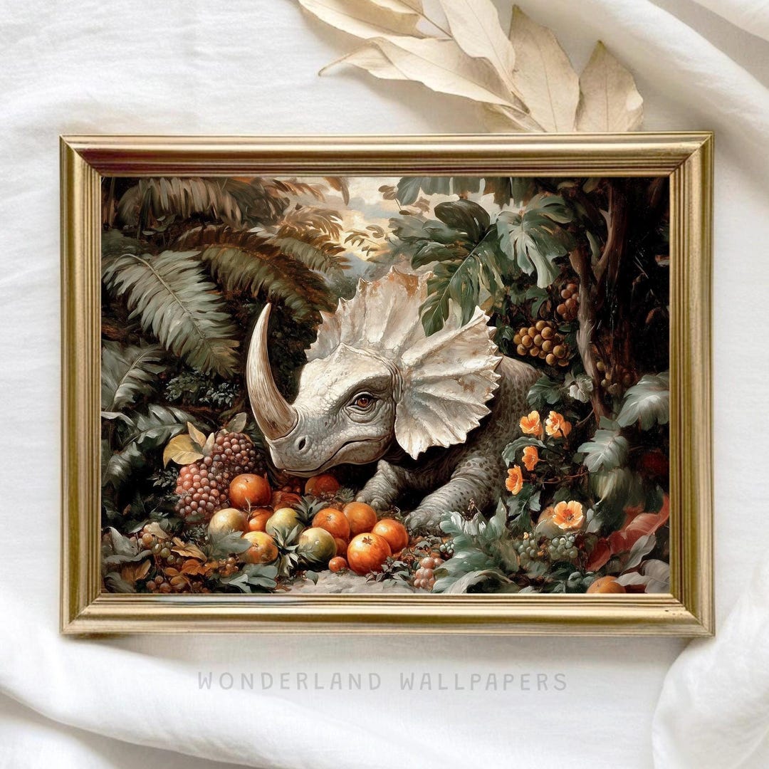 Triceratops Vintage Nursery Print, Fantasy Wall Decor, Cottagecore ...
