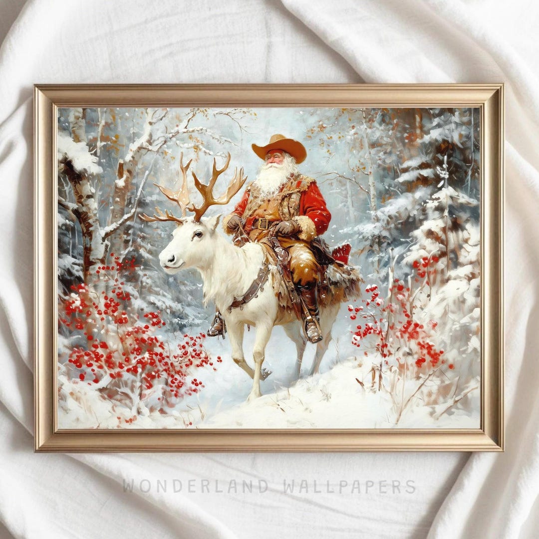 Vintage Cowboy Santa Rudolph Print, Christmas Cowboy Print, Country ...