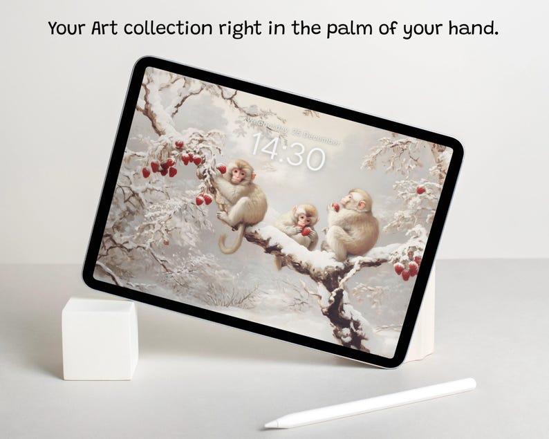 Snow Monkey Christmas iPad Wallpaper, Winter Picnic Background (digital ...