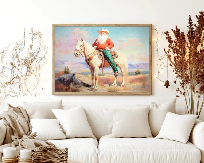 Cowboy Santa Christmas Art Print, Rustic Holiday Decor (digital ...