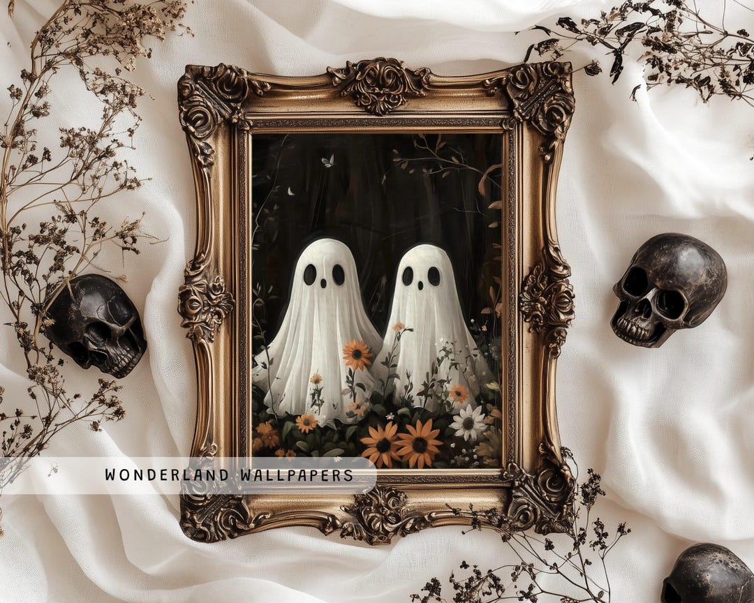 Cute Ghosts With Flowers in Dark Forest, Dark Academia Art, Halloween ...