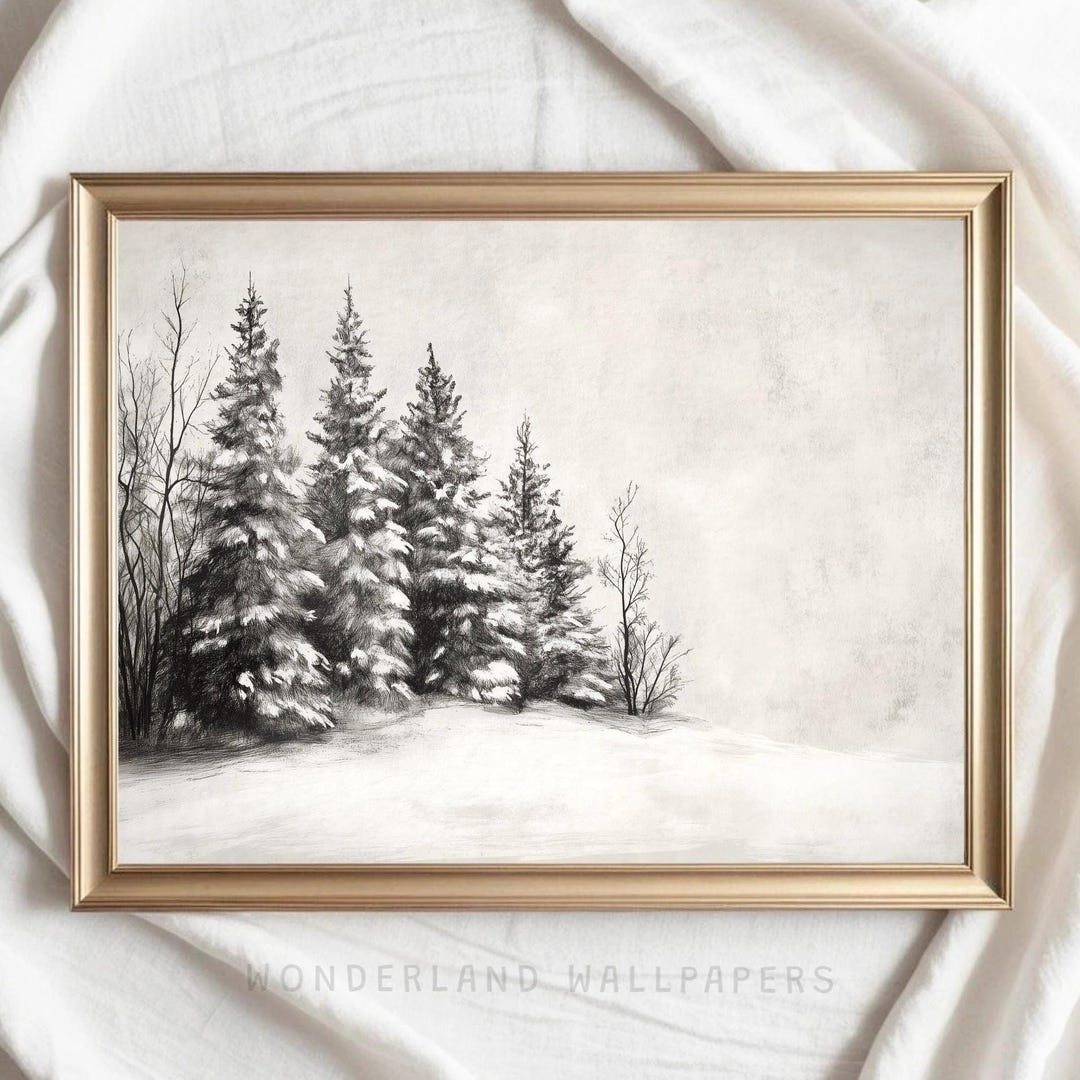 Pine Tree Forest Print, Winter Sketch Neutral Wall Art, Christmas Trees ...