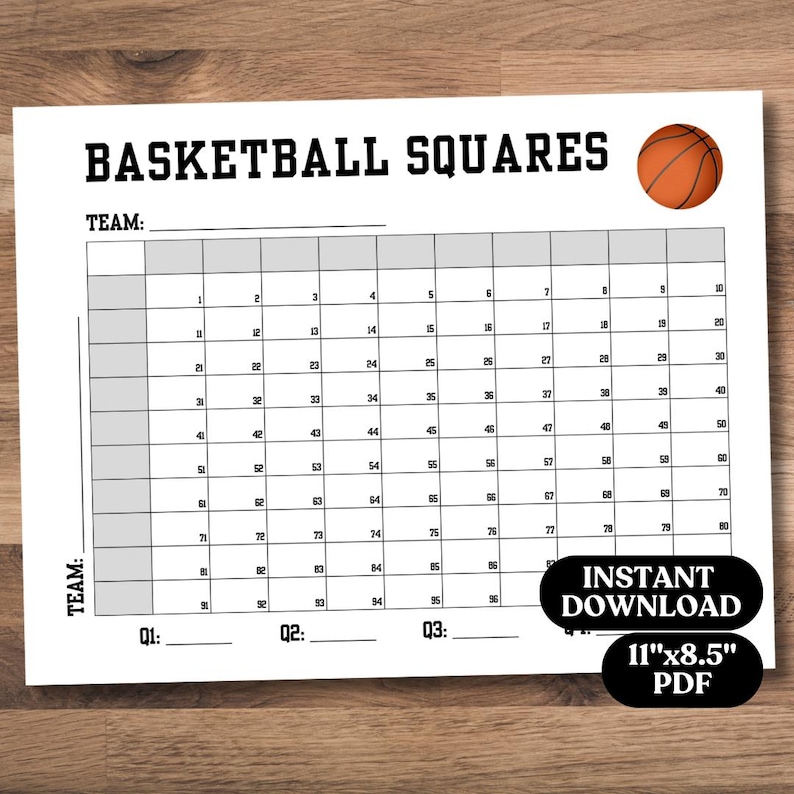 Basketball Squares Printable, 100 Basketball Squares Game, Basketball ...
