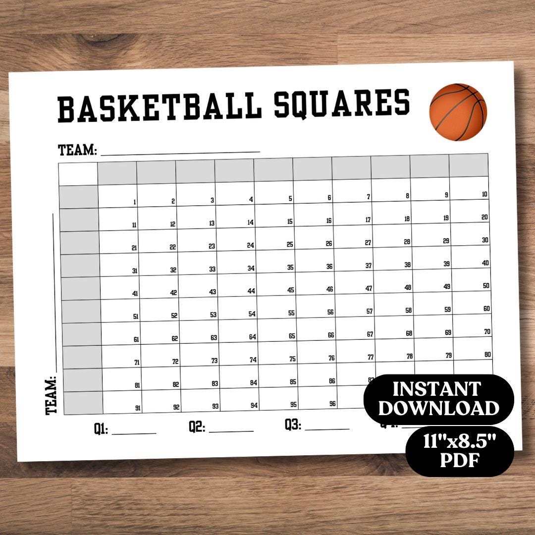 Basketball Squares Printable, 100 Basketball Squares Game, Basketball ...