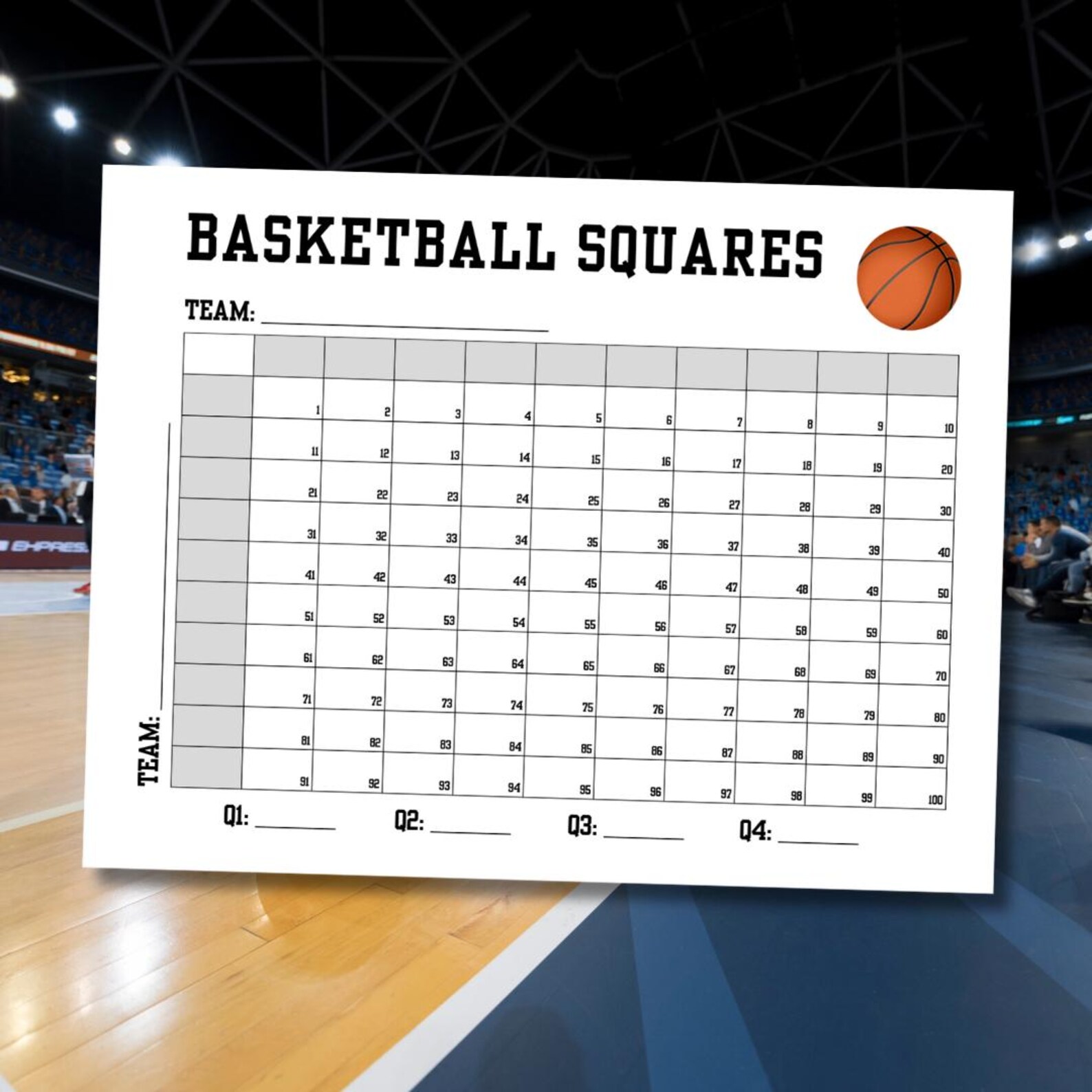 Basketball Squares Printable, 100 Basketball Squares Game, Basketball ...