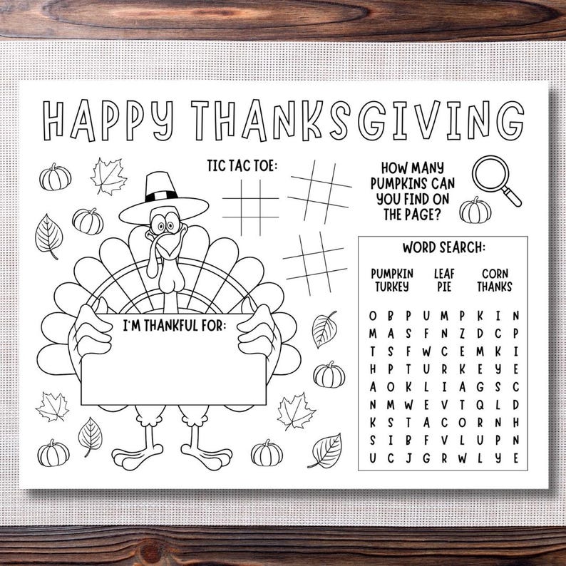 Thanksgiving Placemat for Kids, Printable Thanksgiving Coloring ...