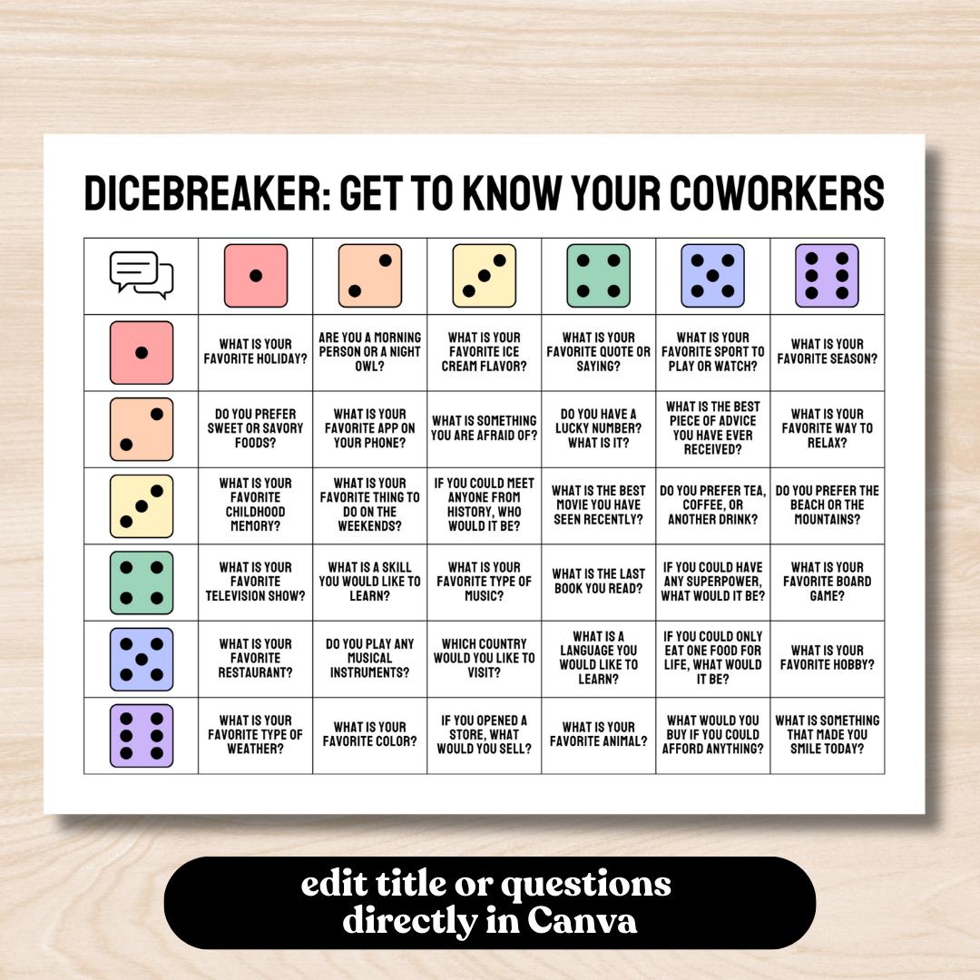 Editable Dicebreaker, Coworker Icebreaker Questions, Conversation ...