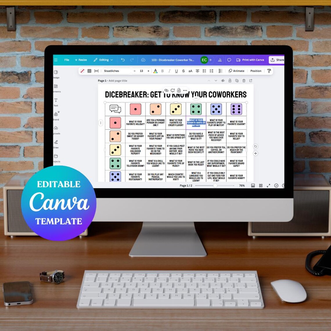 Editable Dicebreaker, Coworker Icebreaker Questions, Conversation ...