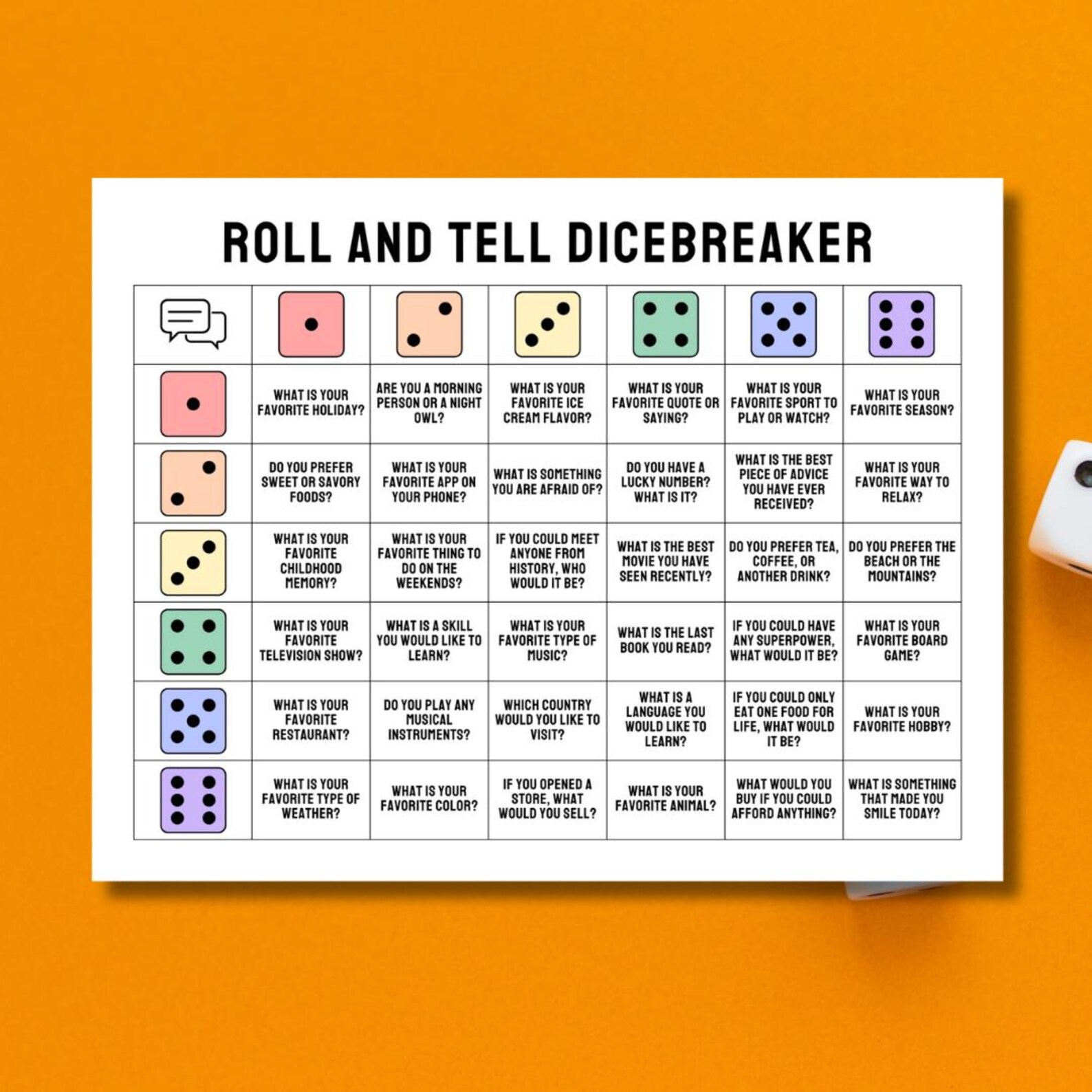 Printable Icebreaker Activity, Dice Icebreaker, Roll and Tell Game, Get ...