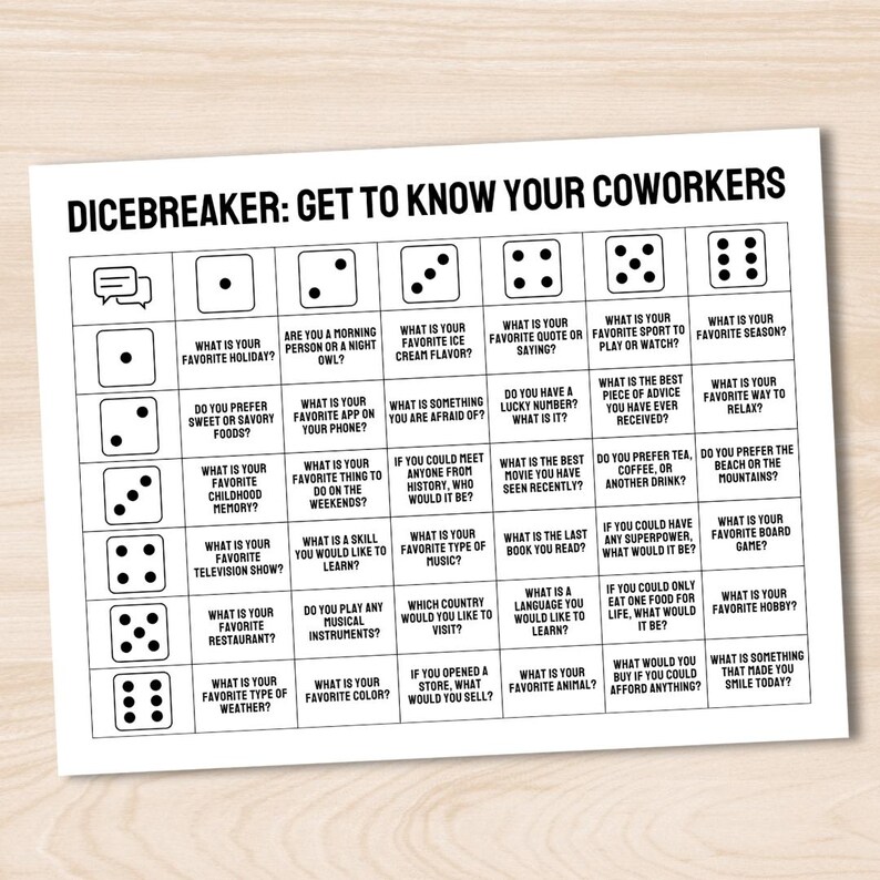 Coworker Icebreaker Questions, Dice Icebreaker, Networking Activity ...