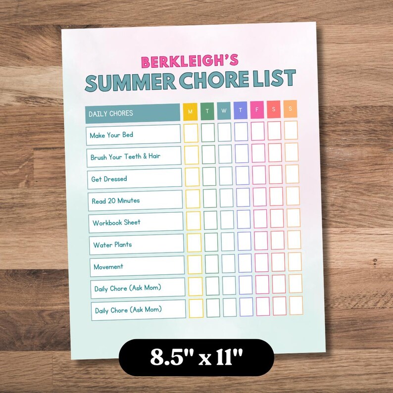Editable Kids Summer Chore List Template, Editable Chore Chart, Child ...