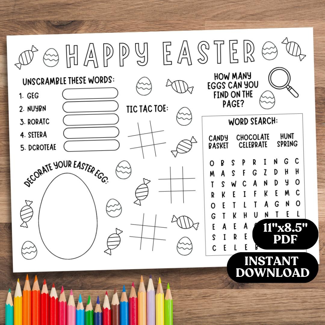 Easter Activity Placemat, Easter Coloring Placemat, Printable Easter ...