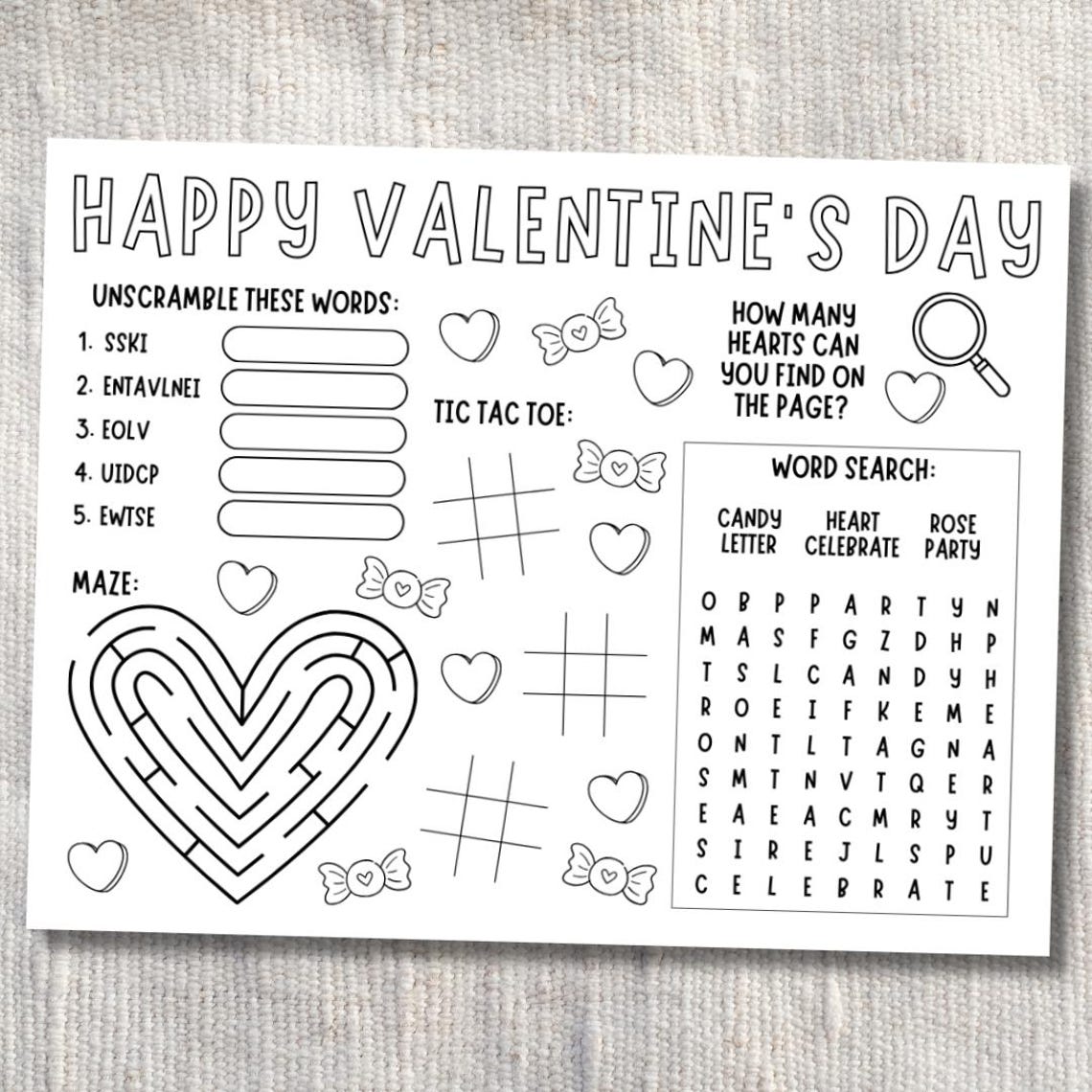 Valentine's Day Activity Placemat, Valentine's Day Coloring Placemat ...