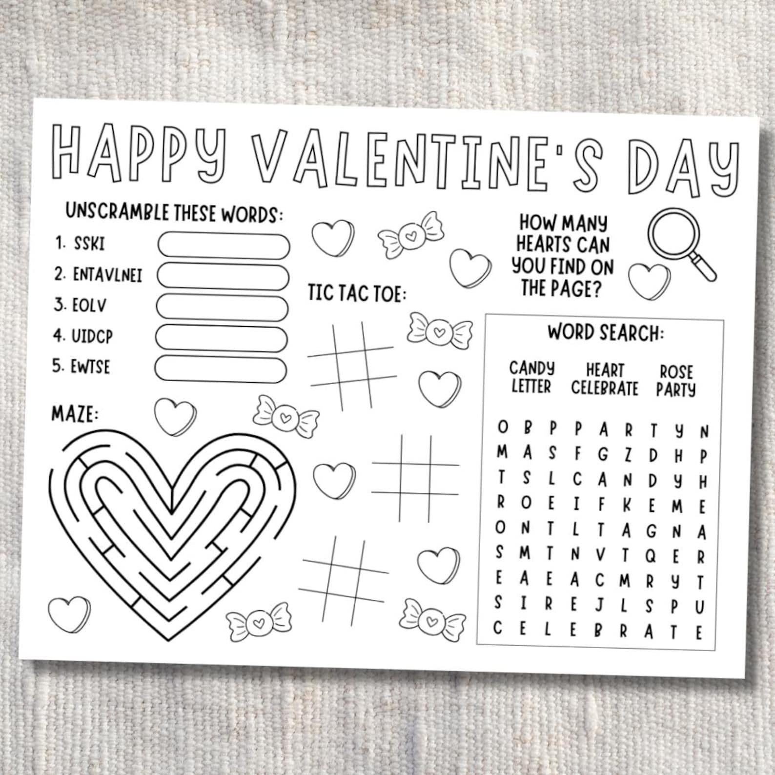 Valentine's Day Activity Placemat, Valentine's Day Coloring Placemat ...