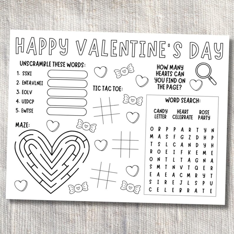 Valentine's Day Activity Placemat, Valentine's Day Coloring Placemat ...