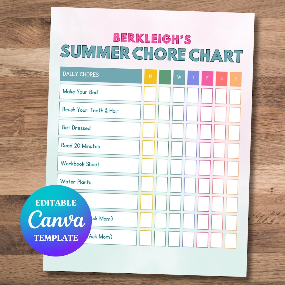 Editable Kids Summer Chore Chart Template, Editable Chore List, Child ...