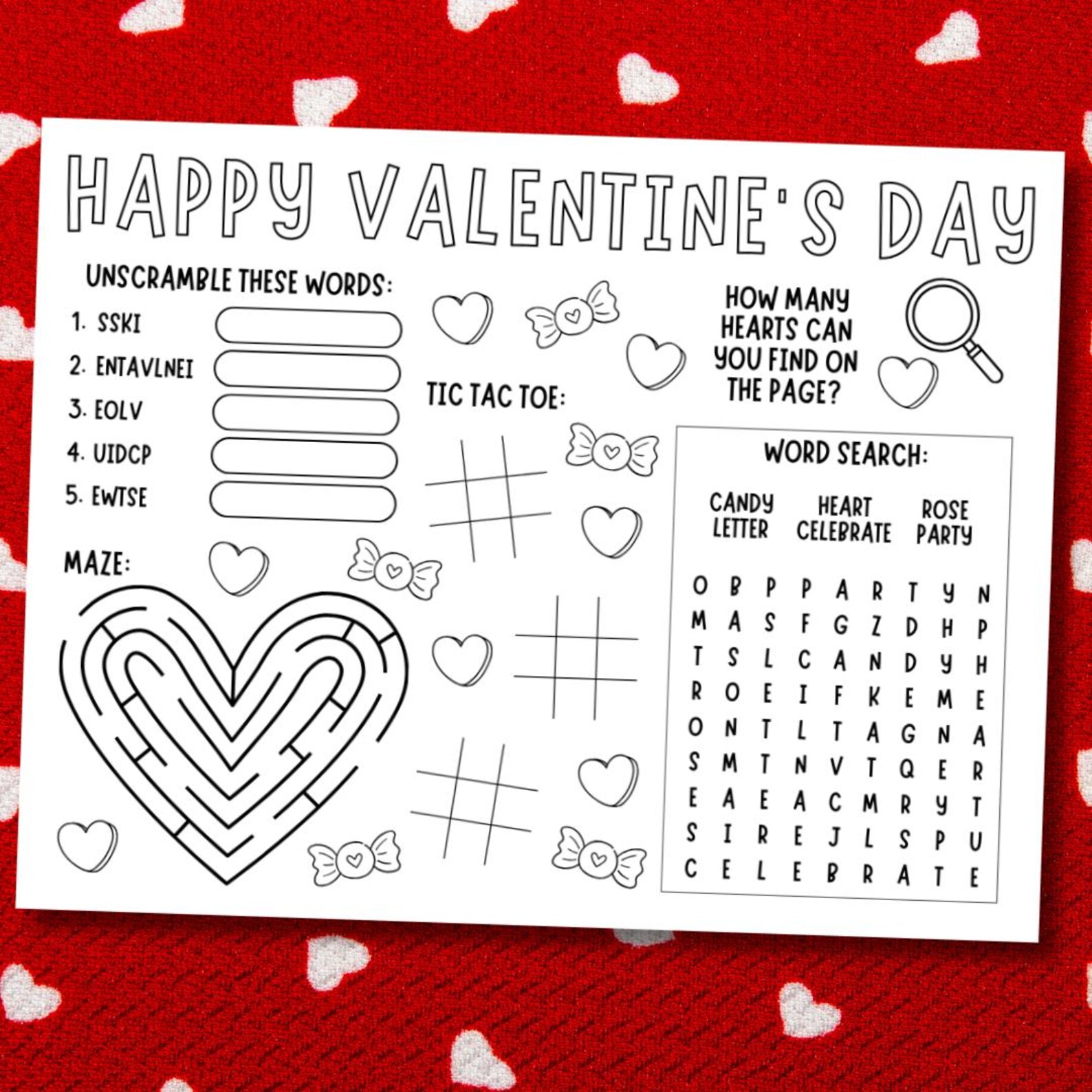 Valentine's Day Activity Placemat, Valentine's Day Coloring Placemat ...