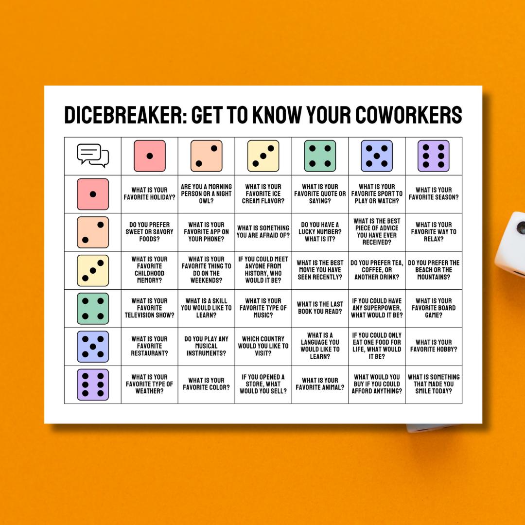 Coworker Icebreaker Questions, Dice Icebreaker, Networking Activity ...