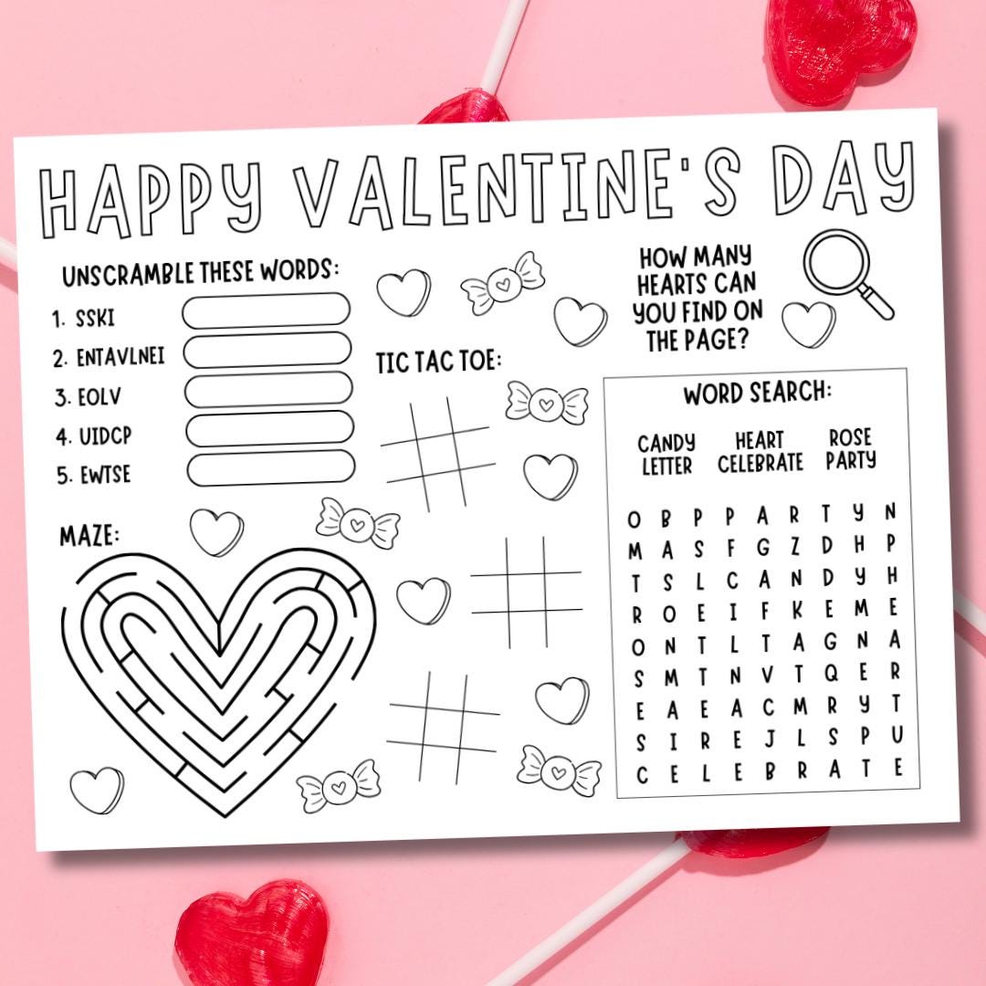 Valentine's Day Activity Placemat, Valentine's Day Coloring Placemat ...