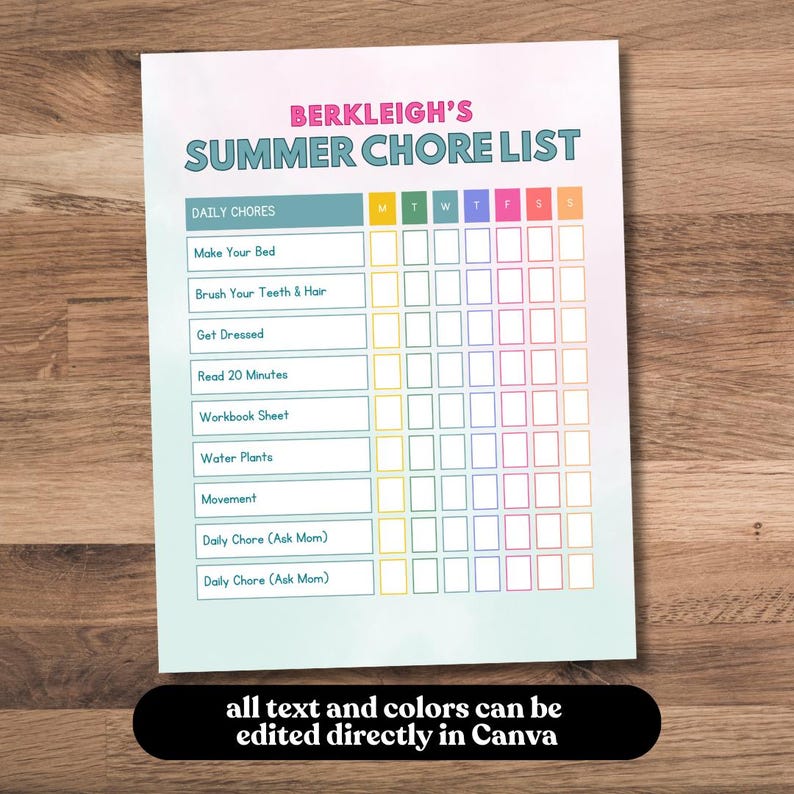 Editable Kids Summer Chore List Template, Editable Chore Chart, Child ...