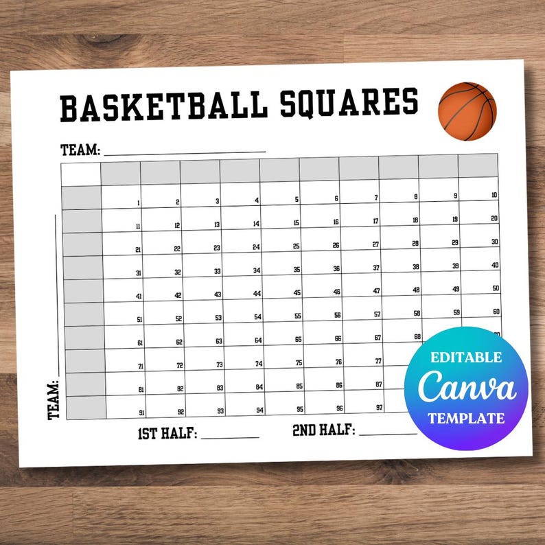 Editable Basketball Squares Template, Basketball Fundraiser, 100 ...